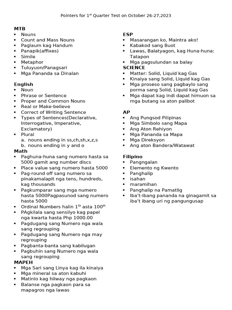 Pointers For 1st Quarter Test On October 27 | PDF