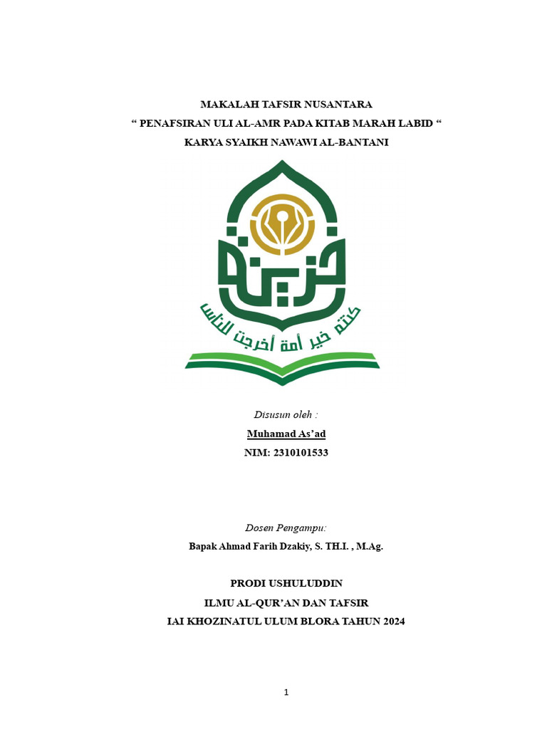 Makalah Tafsir Nusantara (Marah Labid Syaikh Nawawi) - Asadulumam | PDF | Agama & Spiritualitas