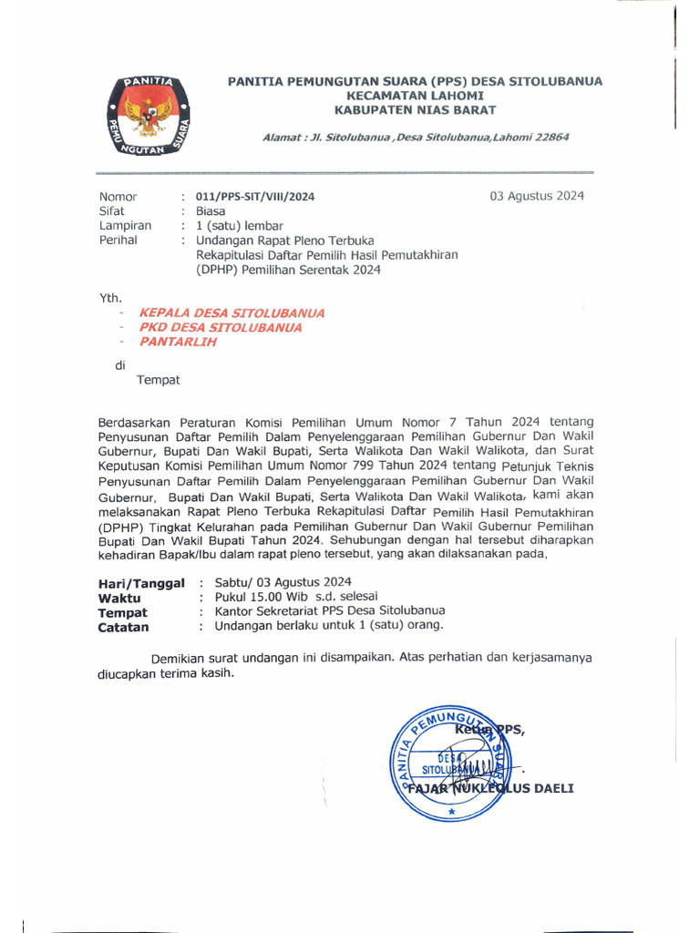 Undangan Rapat Pleno DPHP Desa Sitolubanua | PDF