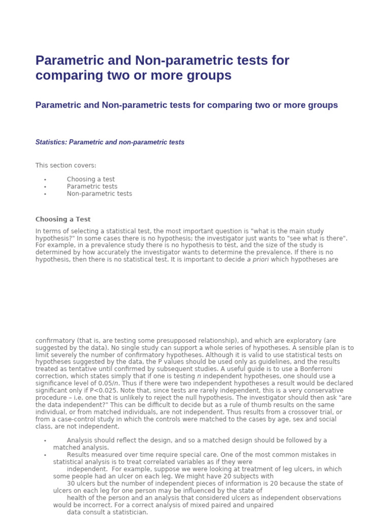 Parametric and Non-Parametric Tests For Comparing Two or More Groups | PDF