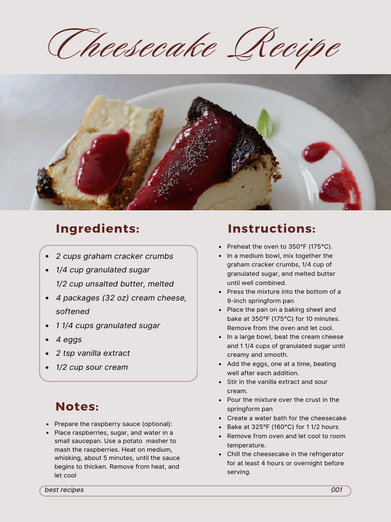Grey Red Brown Minimalist Cheesecake Recipe Card | PDF