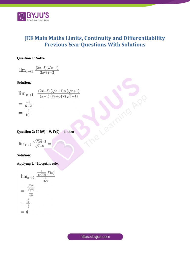 JEE Main Maths Limits Continuity and Differentiability Previous Year Questions With Solutions | PDF