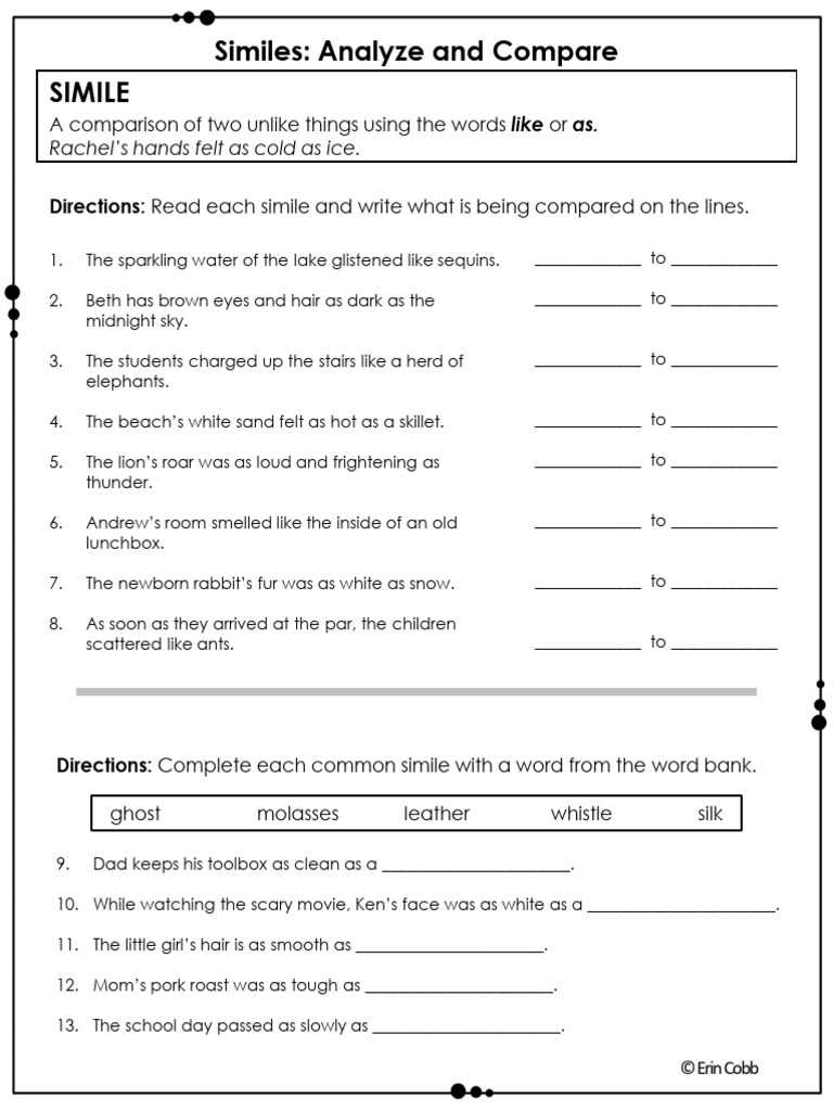 Similes: Analyze and Compare Simile: Rachel's Hands Felt As Cold As Ice ...