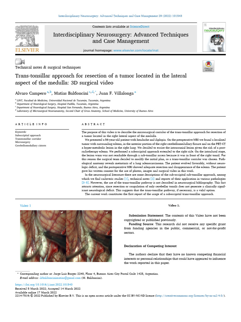 Trans Tonsillar Approach For Resection of A Tumor Locate 2022 ...