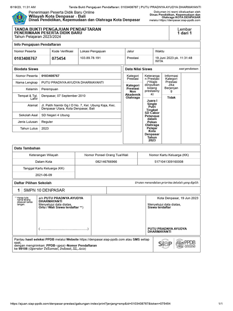 Tanda Bukti Pengajuan Pendaftaran - 0103408767 - PUTU PRADNYA AYUDYA DHARMAYANTI | PDF