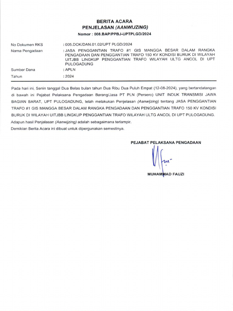 13081605-BA Penjelasan Pek Trafo 1 Gis Mangga Besar | PDF