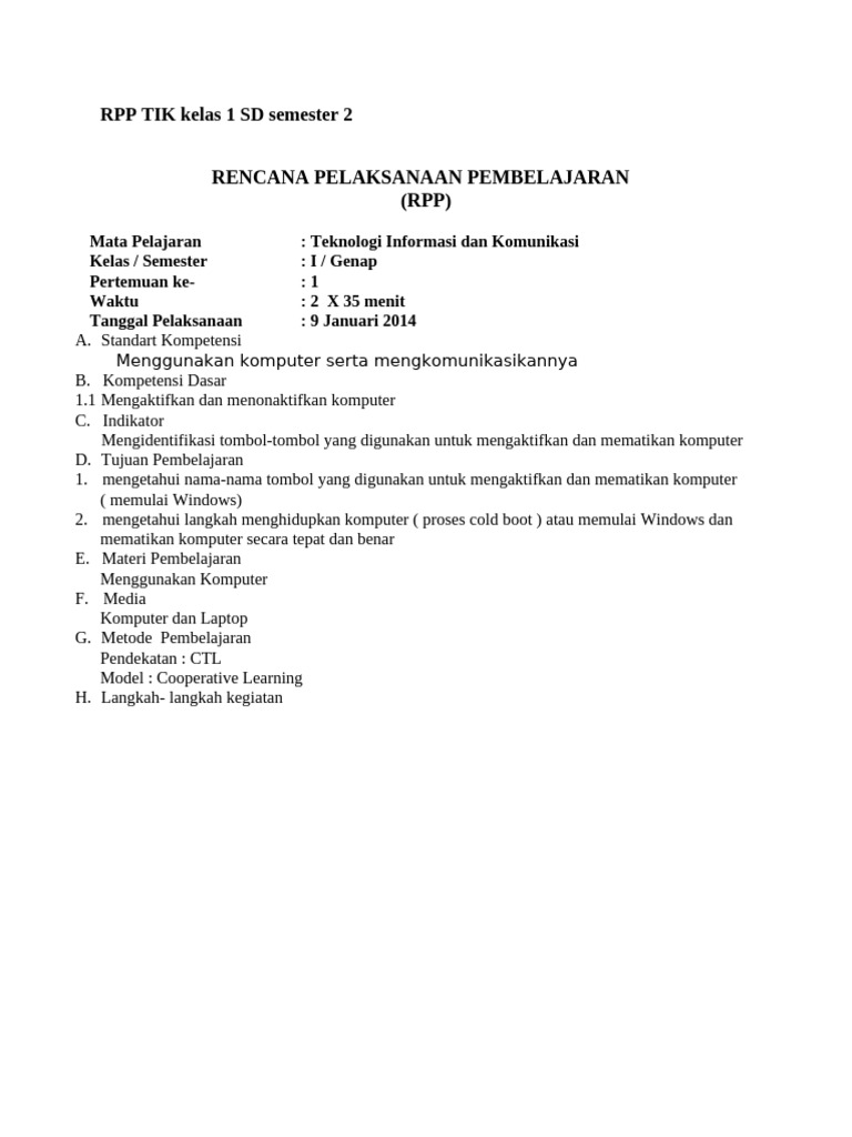 RPP TIK Kelas 1 SD Semester 2 | PDF