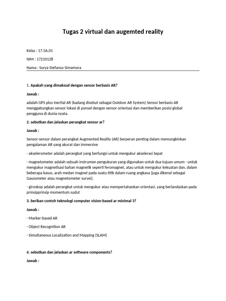 Tugas 2 Virtual Dan Augemted reality-SuryaStefanusSimamora - 17210128 | PDF