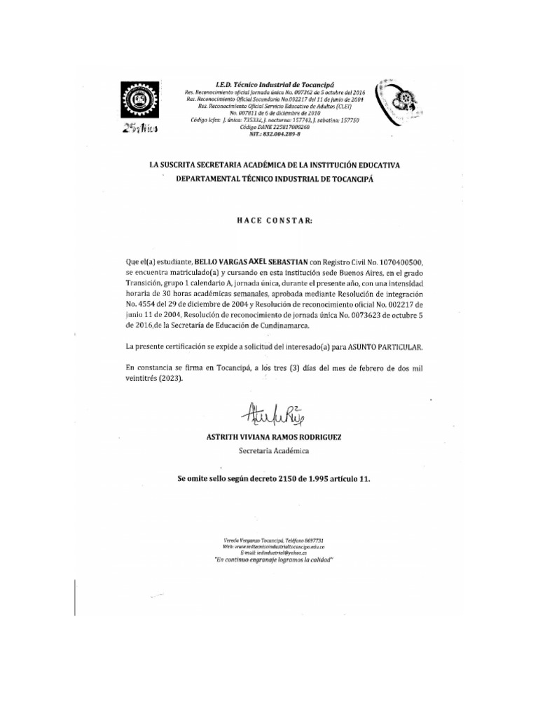 Certificado de Estudio Sebas | PDF