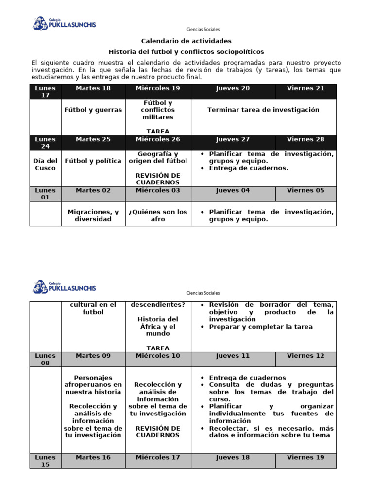 Ficha de Trabajo - Sociales - Calendario de Trabajo (3roa) | PDF