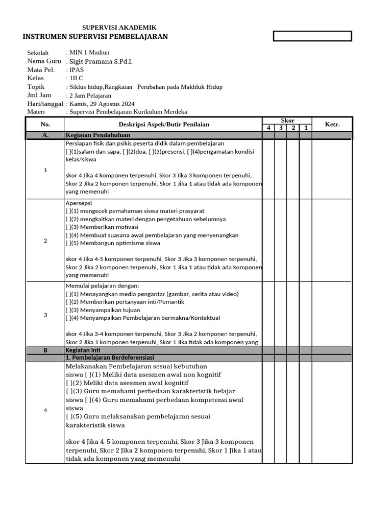 SUPERVISI KBM KURIKULUM MERDEKA Klas 3C | PDF