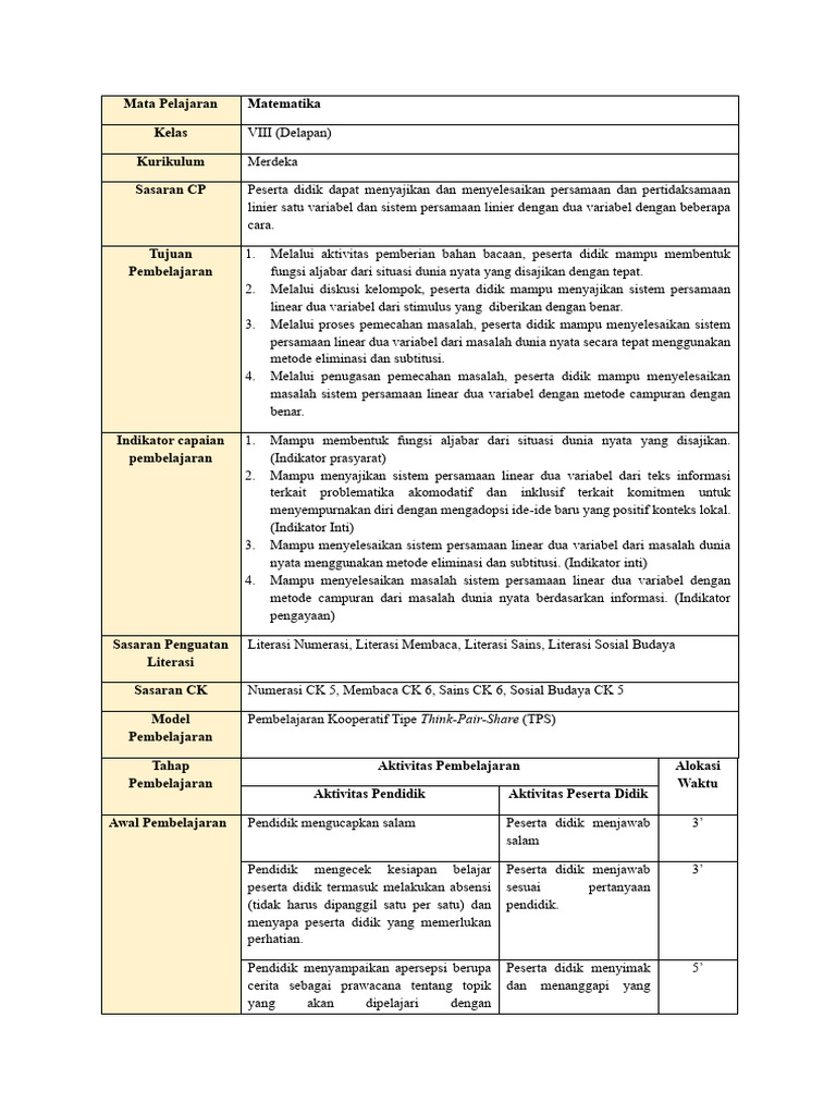 Contoh Skenario Pembelajaran Literasi Terintegrasi | PDF