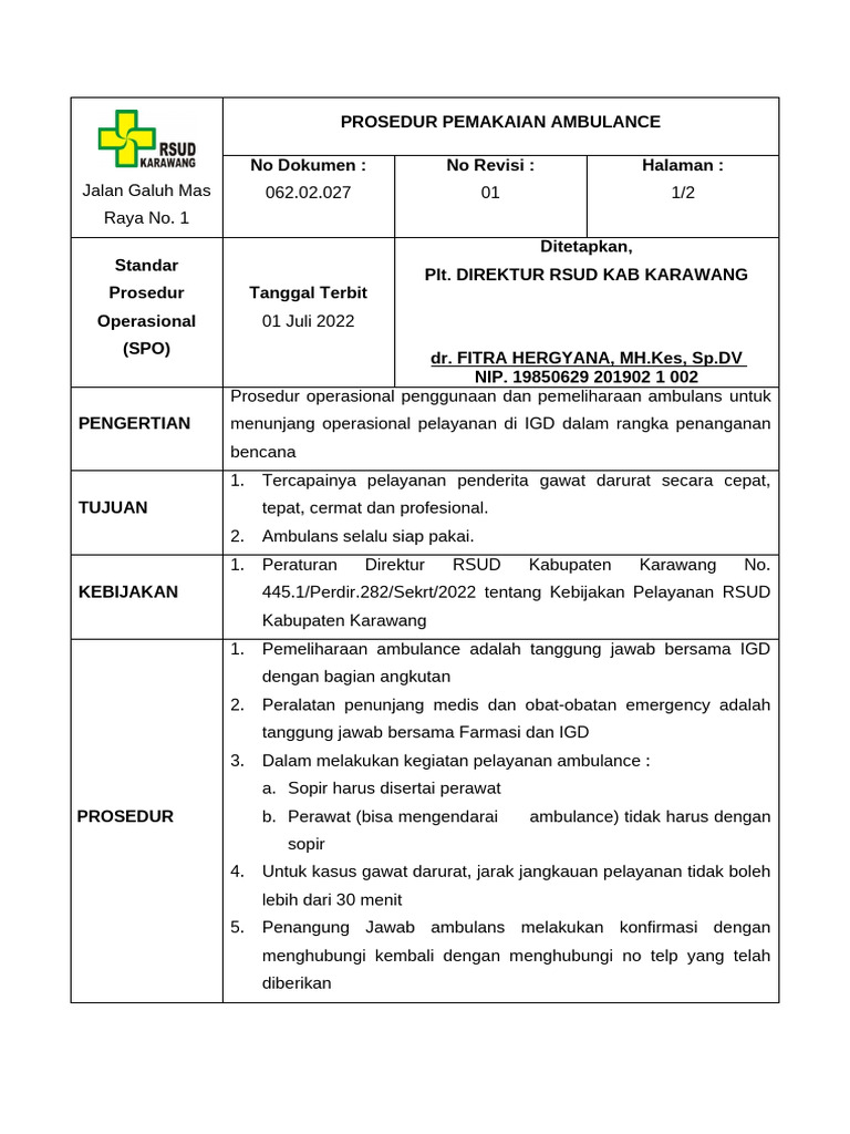 027 Prosedur Pemakaian Ambulance | PDF