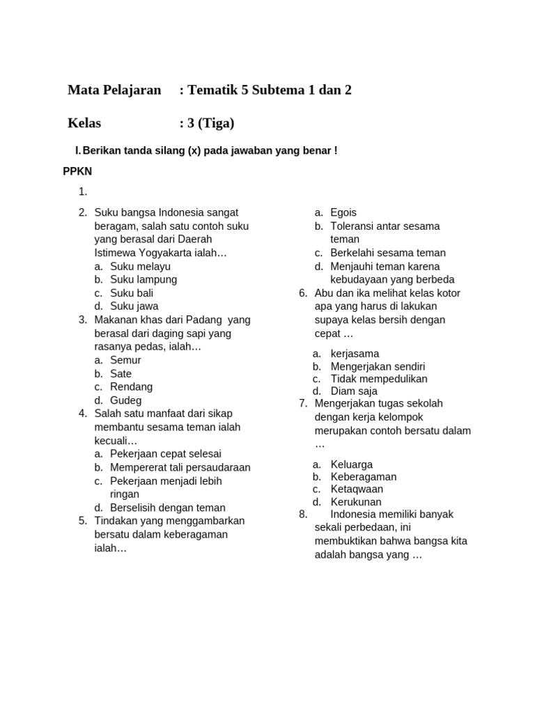 SOAL PTS KELAS 3 Hari Ke 1 (Tema 5 Sub 1 2) | PDF