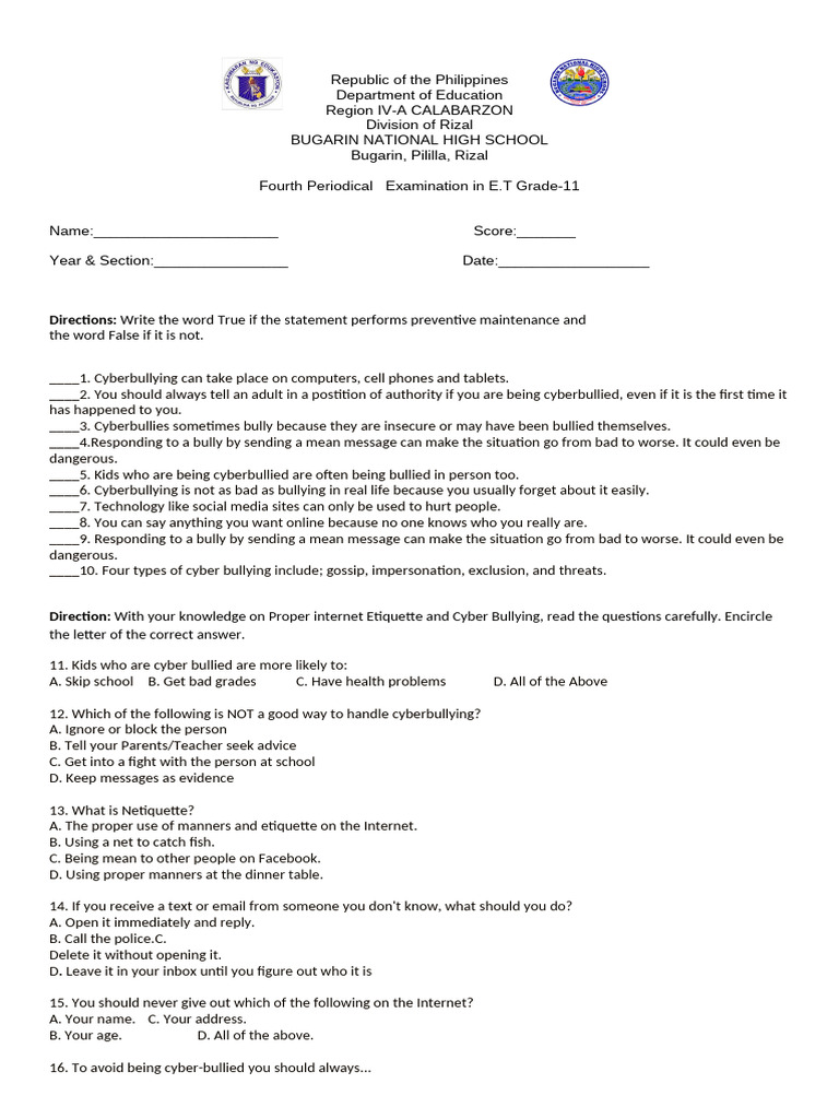 2019 - 2020 Fourt Periodical Examination E.T G11 - 2 | PDF | Malware | Spreadsheet