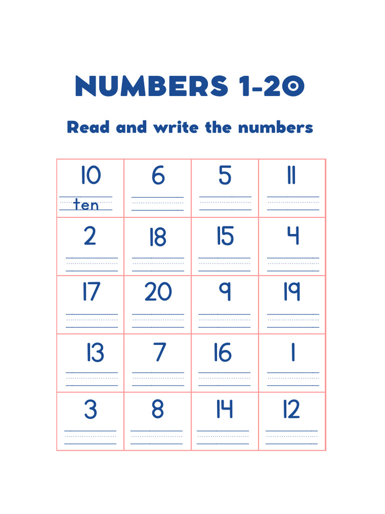 Beige Cute 1-20 Numbers Worksheet | PDF