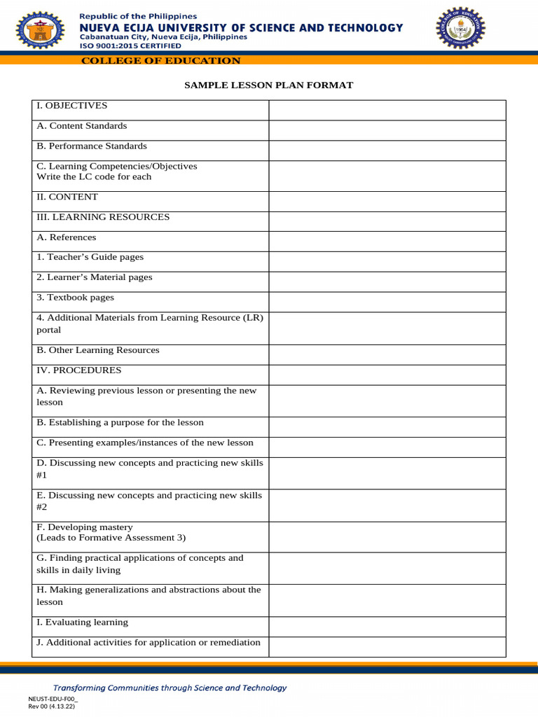 Sample Lesson Plan Format | PDF