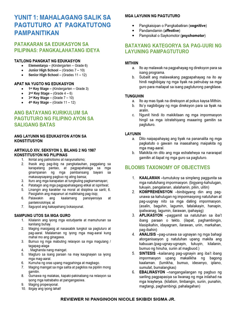 Reviewer Sa Filipino (Yunit 1 - 2) | PDF