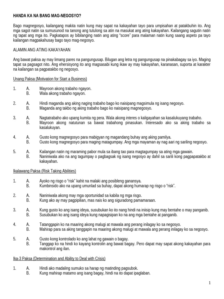 GYB Assessment Tool Tagalog | PDF | Career & Growth | Lifestyle