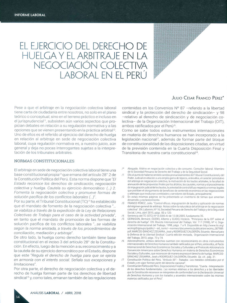 El Ejercicio Del Derecho de Huelga y El Arbitraje en La Negociacion Colectiva Laboral en El Peru ...