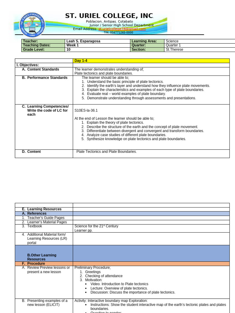 Plate Tectonics Lesson Plan for Grade 10 | PDF | Plate Tectonics | Geology