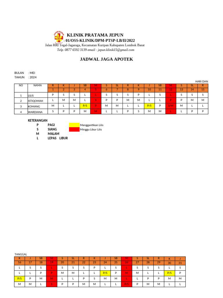 Jadwal Jaga Apotek | PDF