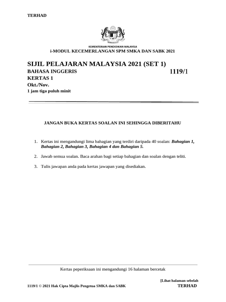 Kertas Trial English Smka & Sabk K1 Set 1 2021 | PDF