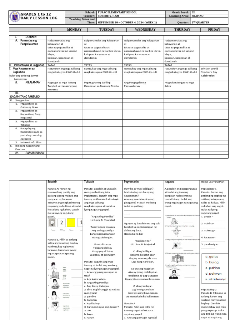 DLL Filipino 3 q2 w1 | PDF