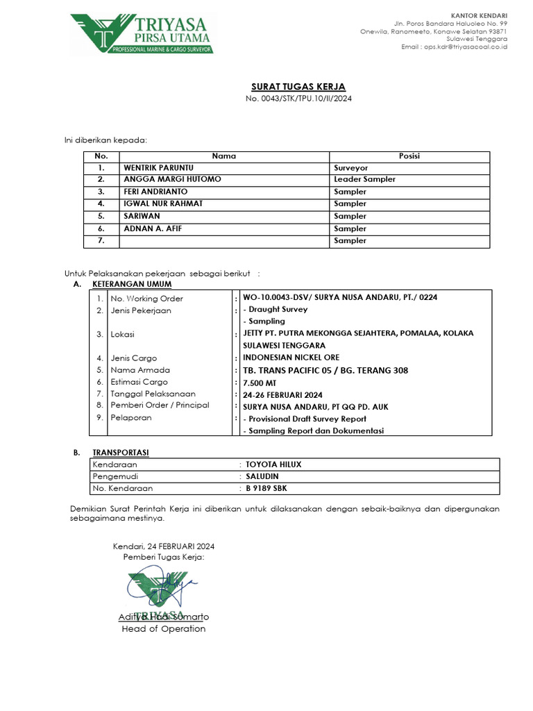 Surat Tugas Kerja WO-10.0043-STK - KDR | PDF