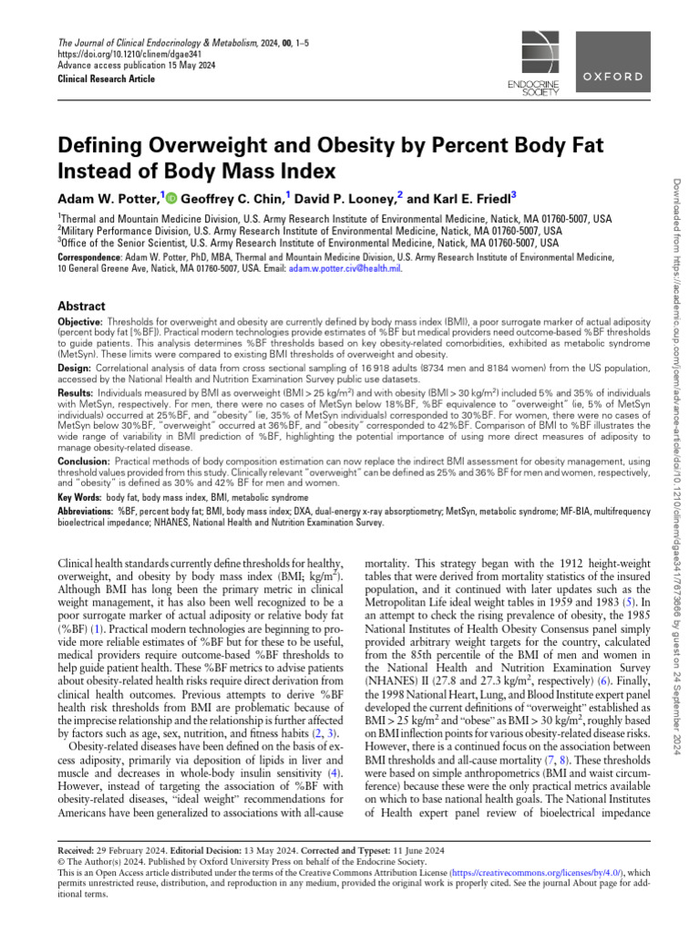 Defining Overweight and Obesity by Percent Body Fat Instead of Body ...