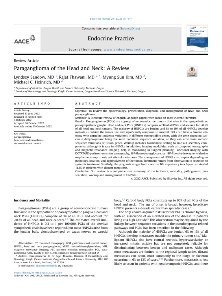Paraganglioma of The Head and Neck - A Review 2023 AACE | PDF