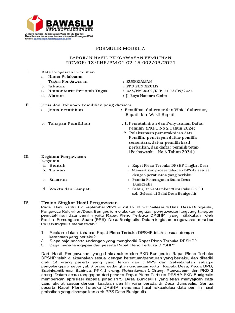 LHP RAPAT PLENO TERBUKA DPSHP DESA BUNIGEULIS Revisi | PDF