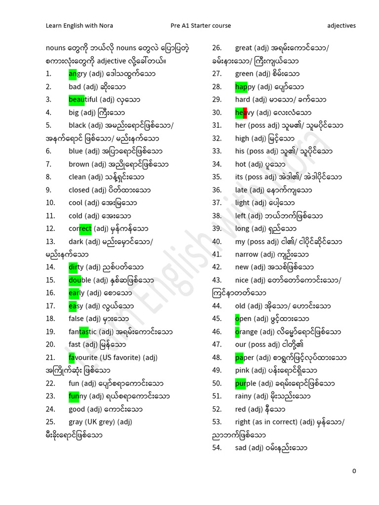 Pre A1 Adjective 1 | PDF