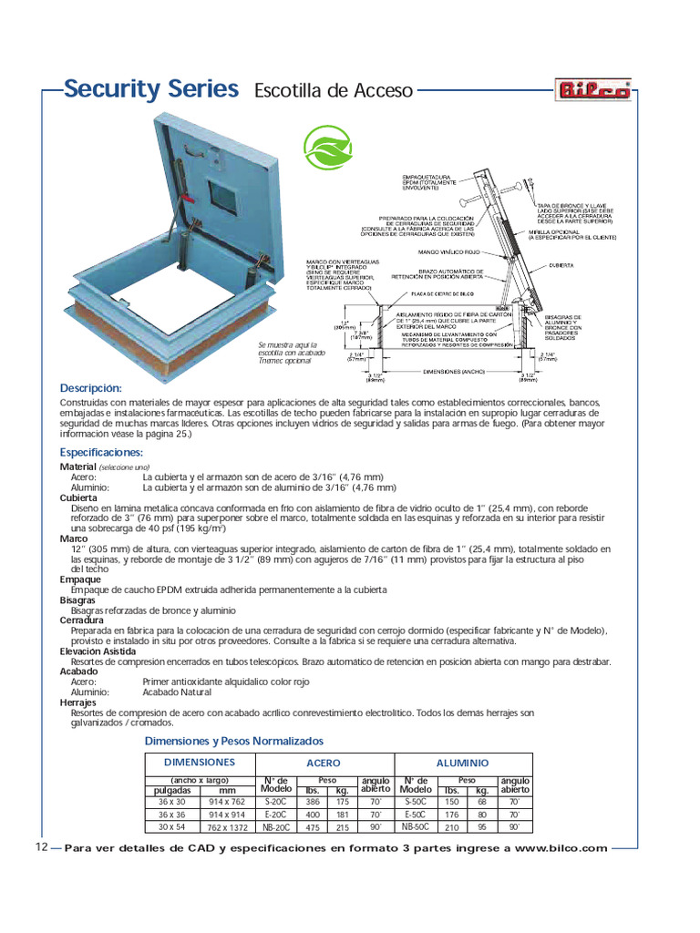 Ficha Tecnica Escotilla Acceso Techo Bilco Serie Seguridad | PDF