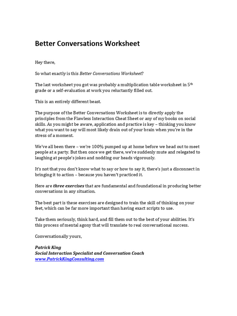 Better Conversations Worksheet by Patrick King | PDF