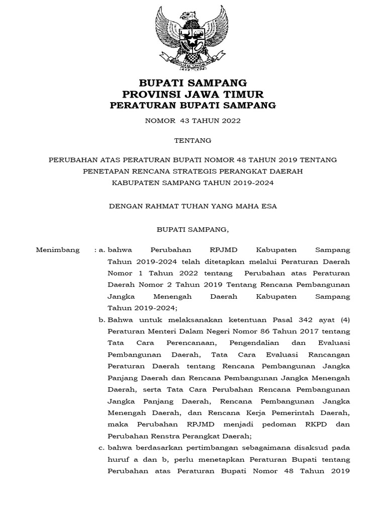 Perbup No 43 Tahun 2022 Tentang Perubahan Atas Per | PDF