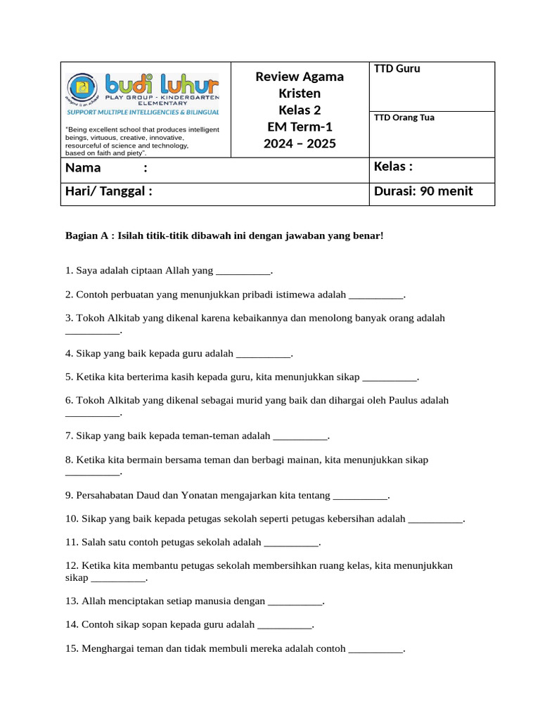Review Soal Dan Jawaban em Term 1 Kelas 2b Agama Kristen TP 24 | PDF
