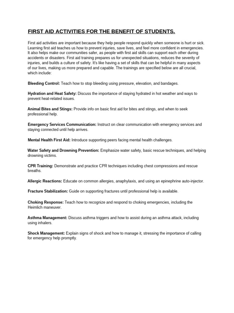 First Aid Activities For The Benefit of Students | PDF