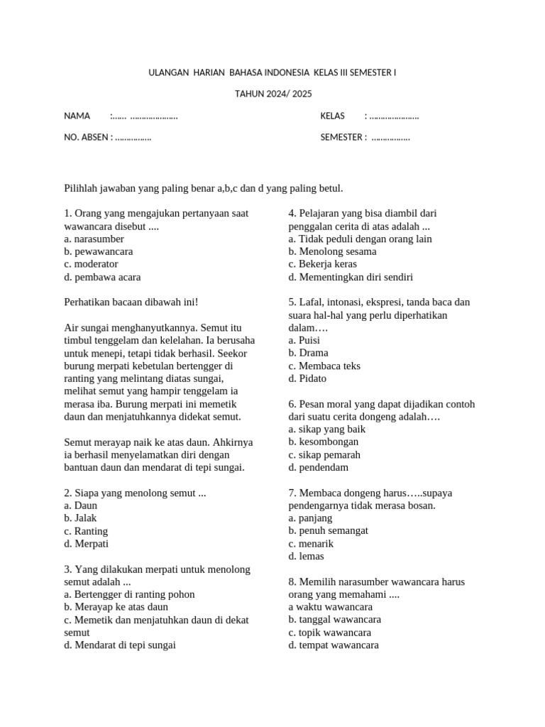 Ulangan Harian Bahasa Indonesia Kelas III Semester I | PDF