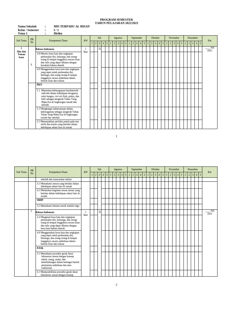 PROMES KELAS 1 SMT 1 Mis | PDF