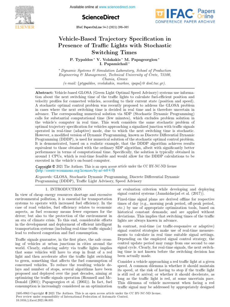 Vehicle-Based Trajectory Specification in Presence of Traffic Lights With Stochastic Switching ...