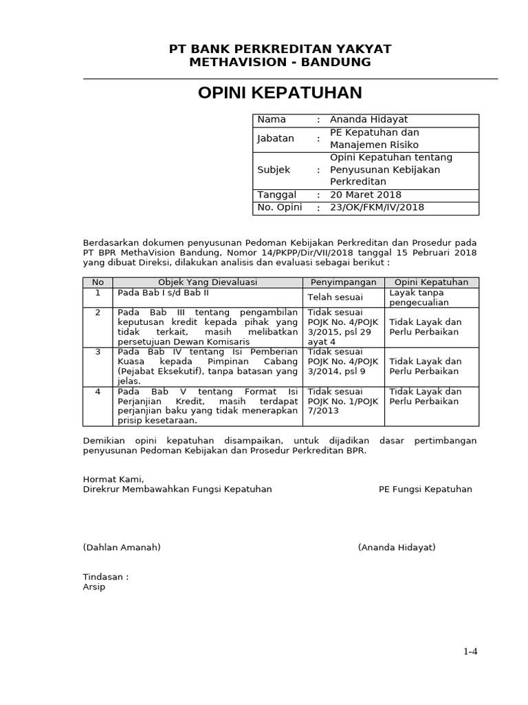 CONTOH FORM PEMBERIAN OPINI Acc | PDF