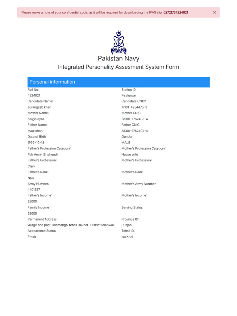 Pak Navy IPAS Form | PDF