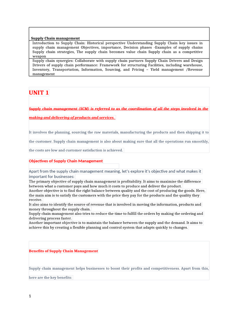 SCM Unit 1&2 | PDF | Supply Chain Management | Finance & Money Management