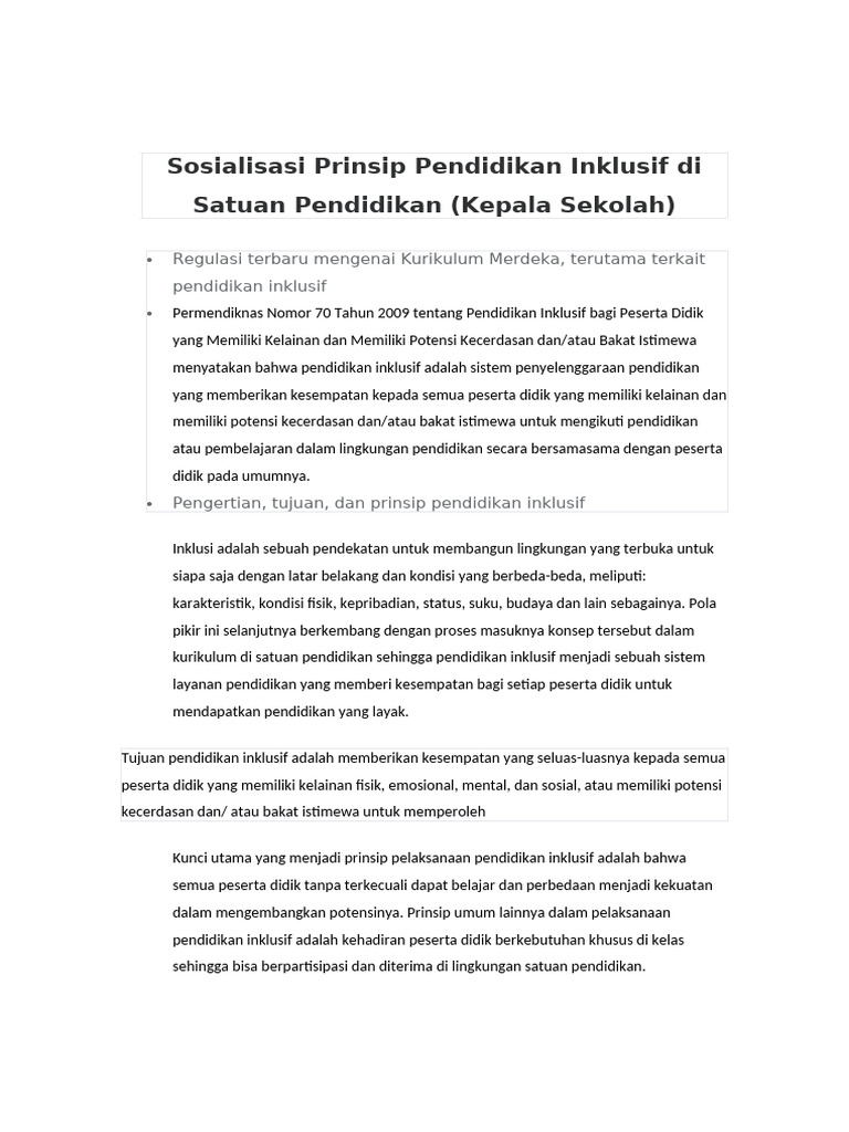 Sosialisasi Prinsip Pendidikan Inklusif Di Satuan Pendidikan | PDF