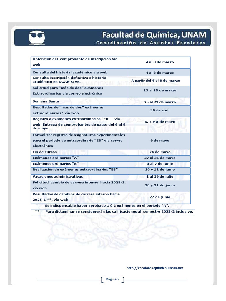 Calendario FQ UNAM 2025-2 | PDF