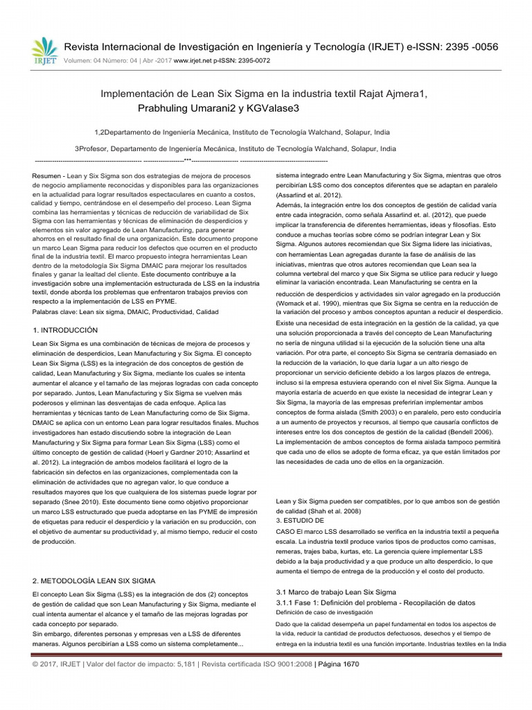 Lean Six Sigma Implementation in Textile | PDF