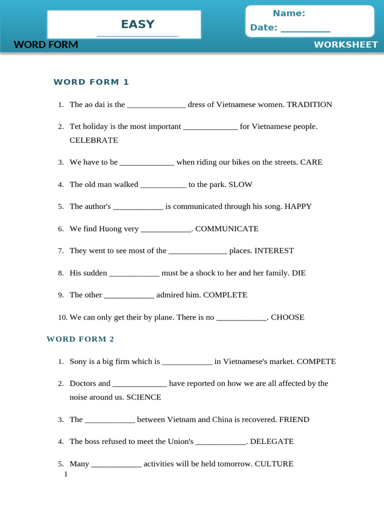 Word Form-Worksheet 1 | PDF