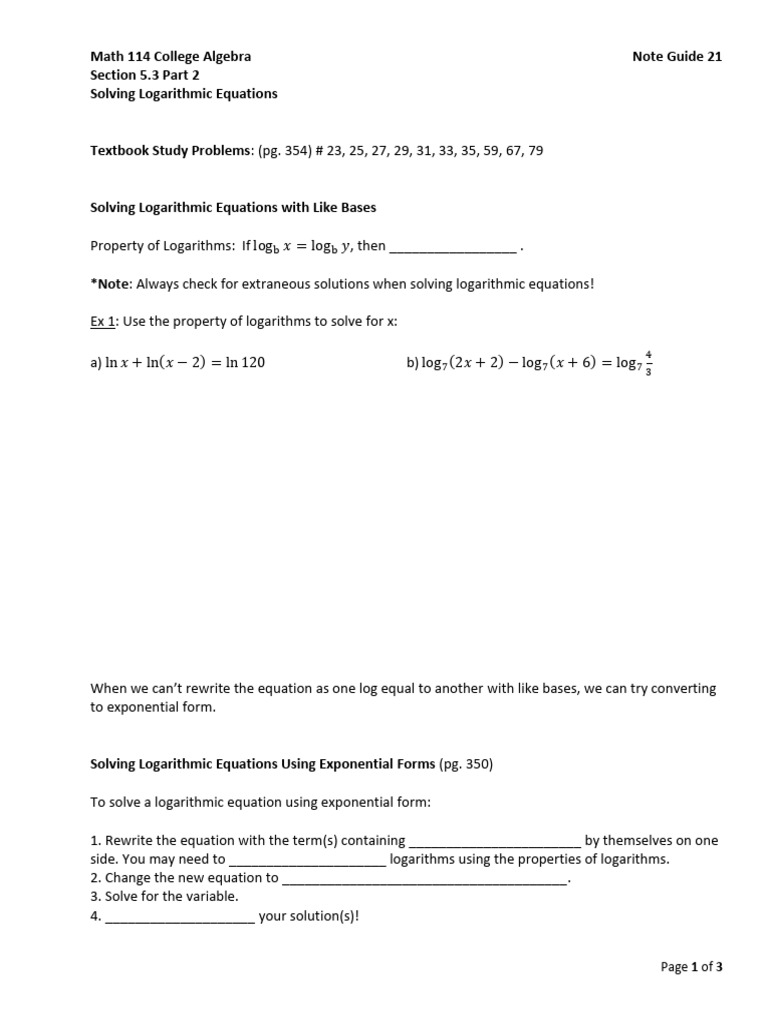 Section 5.3 Part 2 Solving Logarithmic Equations | PDF
