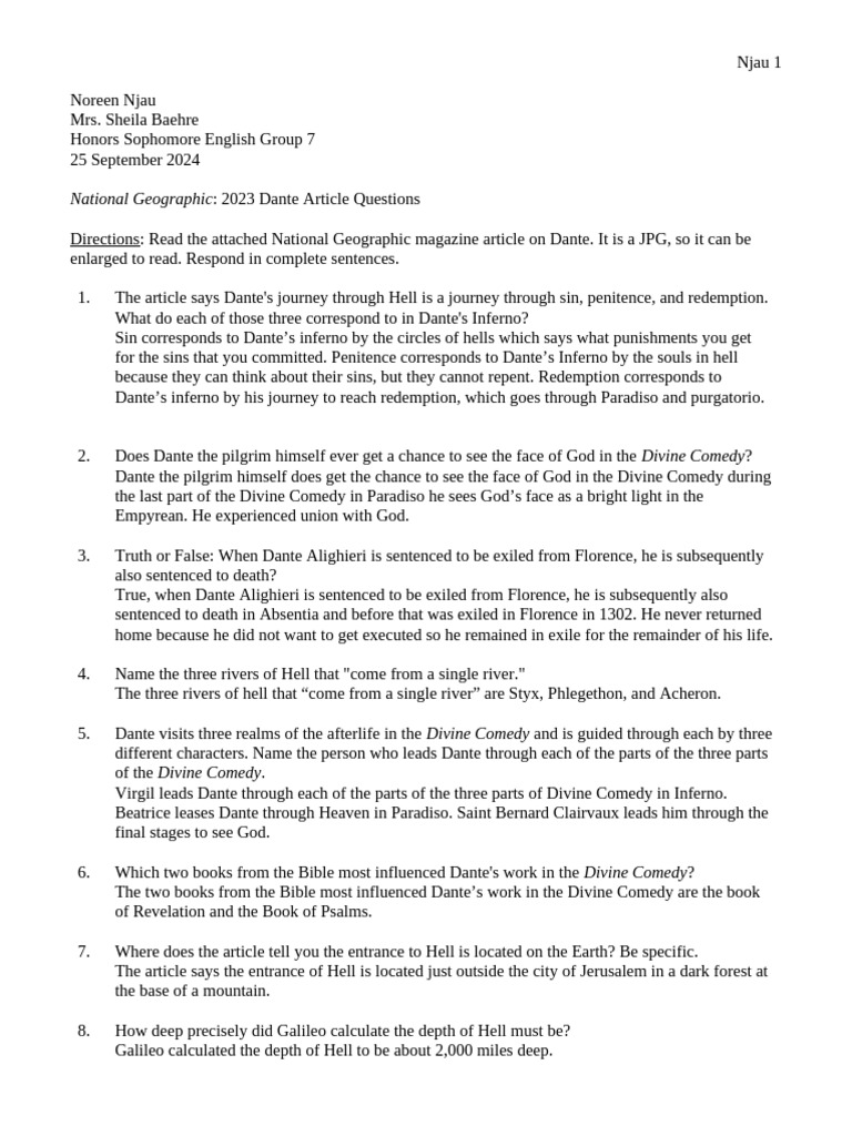 2022 - National Geographic Dante Article Questions | PDF